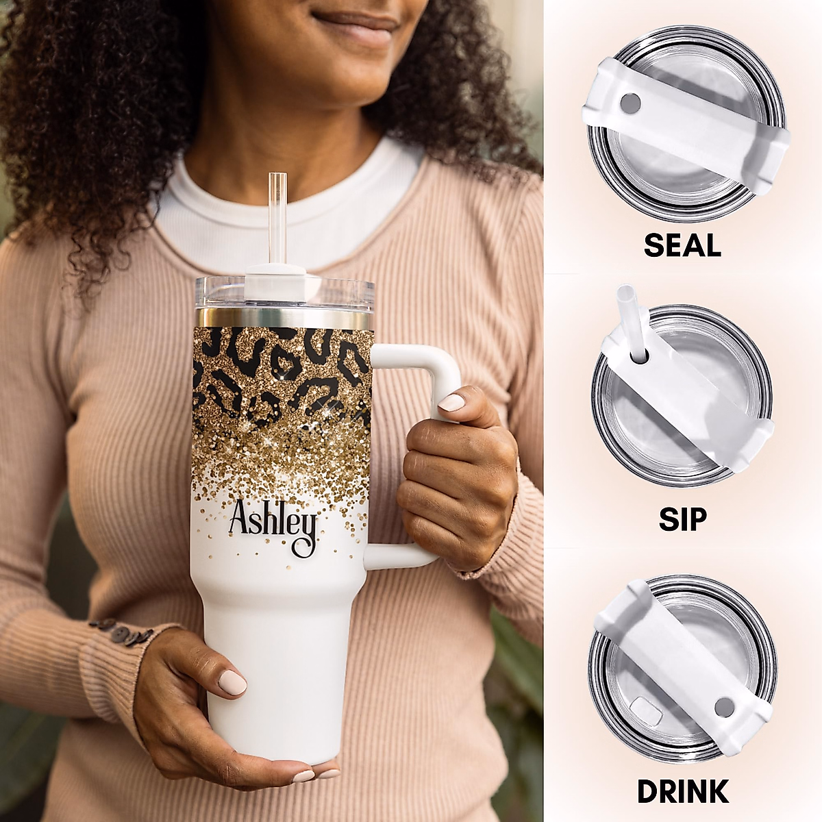 Personalized 40 oz Tumbler With Handle And Straw Lid Cheetah Print Glitter - Leopard Print Stainless Steel Insulated Travel Mug – Tumbler Gift For Women Mom Friend Teacher Nurse Her Birthday Christmas