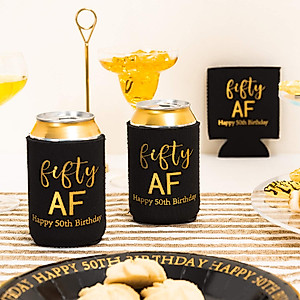 Crisky Fifty Can Cooler, 50th Birthday Decorations Beer Sleeve Party Favor, Can Covers with Insulated Covers, 12-Ounce Neoprene Coolers for Soda, Beer, Can Beverage, 12 Black Gold