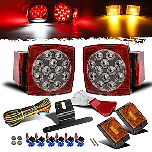 Partsam 12V Waterproof Square LED Trailer Tail Light Kit Clear Lens Red Trailer Brake Stop Tail Turn Signal Running Lights License Kit for Camper Truck RV Boat Trailer Snowmobile Marine Under 80"