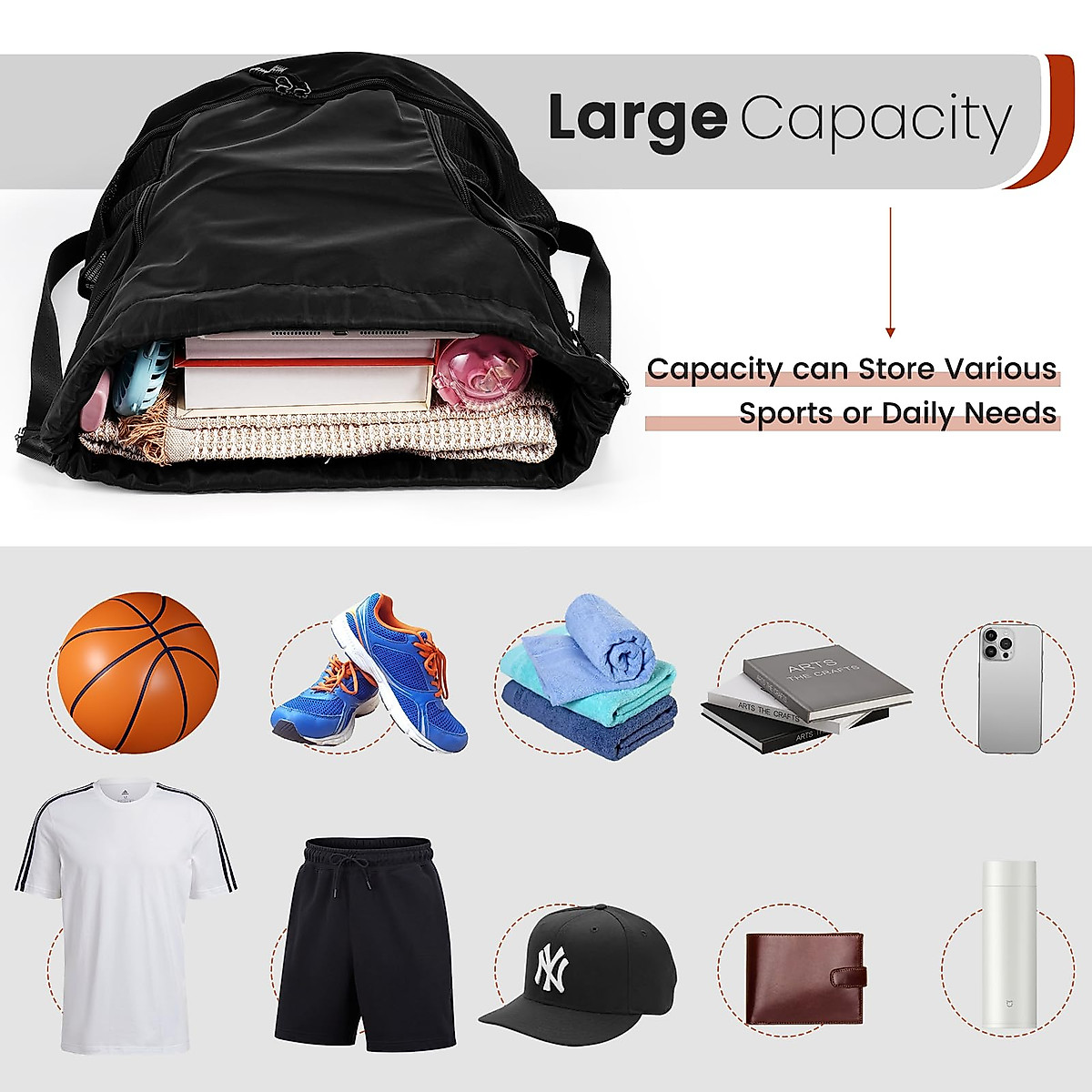 Ball Bag Drawstring Backpack Gymbag Water Resistant Sports Sackpack with Shoe Compartment,Multiple Pockets Soccer Bag with Zipper,Basketball Bag Suitable for Travel or Fitness