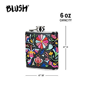 Blush Black Floral Embroidered Flask - Pocket Leather Flask Purse for Women, Whiskey Drinking Flasks, Small Thin Metal Stainless Steel Flasks for Liquor for Women, Wine Accessories - 6 oz, Black