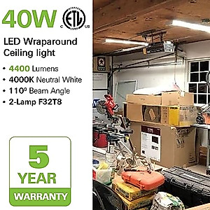 hykolity 4 Pack 4FT LED Wraparound Light 40W 4 Foot LED Shop Lights for Garage, [2-lamp 32W Fluorescent Equiv.] 4400lm 4000K LED Wrap Light, Flushmount Office Ceiling Light Fixture ETL Listed