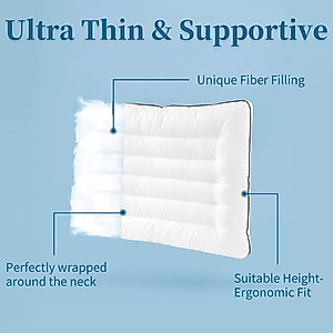 HOMBYS Ultra Thin Flat Bed Pillow for Stomach and Back Sleepers,Standard Size Down Alternative Cervical Pillow for Neck Pain, 100% Cotton Shell, White,2.5 inch