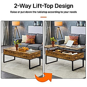 Yaheetech 2 Way Lift Top Coffee Table with Separated Hidden Storage Compartments,Adjustable Tabletop Dining Table for Living Room, Metal Frame, Rustic Brown