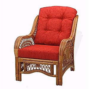 Malibu Lounge Living Accent Armchair Natural Rattan Wicker Handmade Design with Red Cushion, Colonial