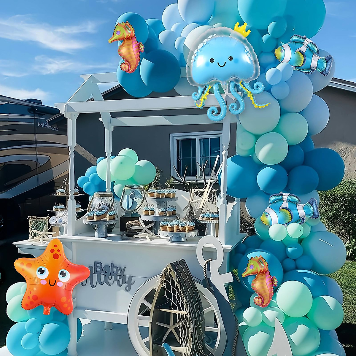 Under the Sea Party Decoration,162Pcs Mix Sky Royal Blue Balloon Arch Kit with Bubbles Starfish Octopus Jellyfish Foil Balloon for Sea Animal Ocean Theme Birthday Baby Shower Beach Pool Party Supplies