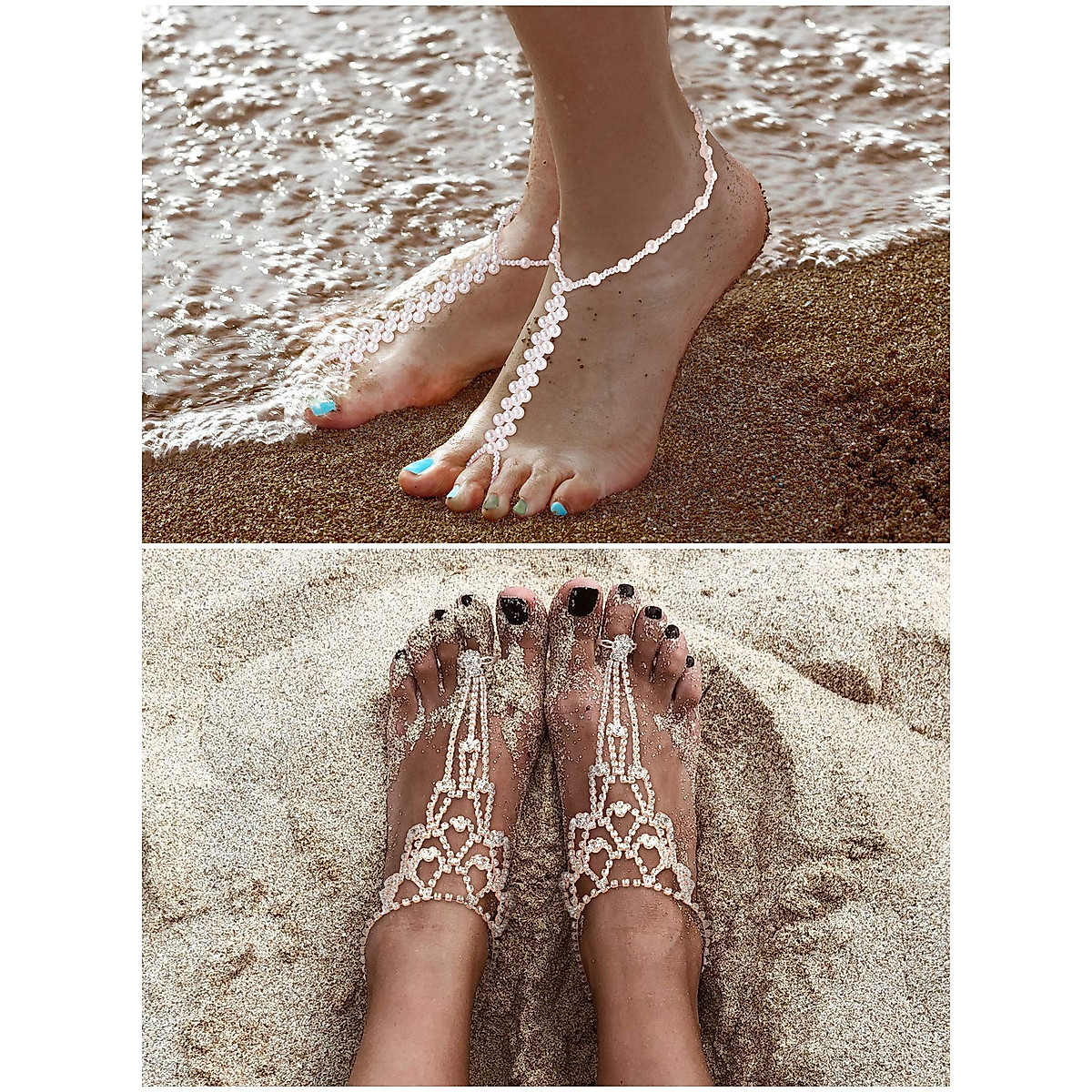 Hicarer 6 Pieces Foot Jewelry Barefoot Sandals for Women Rhinestone Anklets Bohemian Foot Chain for Beach Wedding Valentine's Day