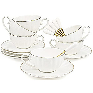 Yesland Set of 6 Royal Tea Cups and Saucers with Gold Trim, 8 Ounce White Porcelain Tea Set & British Coffee Cups, White Latte Cups and Espresso Mug for Specialty Coffee Drinks, Latte, Cafe Mocha, Tea