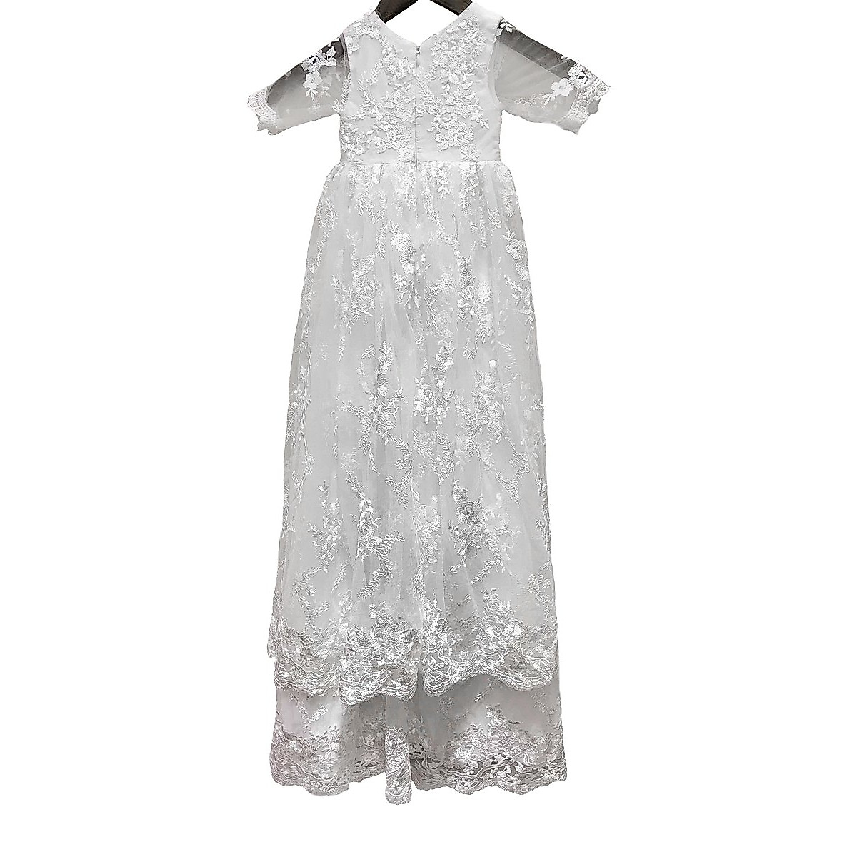 Long Ivory Christening Gown for Baby Girls Lace Baptism Dress with Bonnet 6M