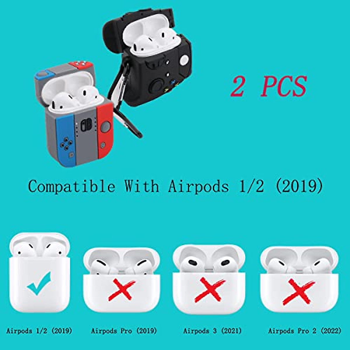 [2 Pcs] Wifantien 3D Cute Gamepad+Switch Case for Airpods 2/1,3D Cute Cartoon Women Girls Kids Kawaii Cool Game Gamepad Shape Keychain Case for Airpods 2nd/Airpods 1st Case (Black Gamepad+Switch)