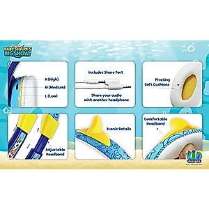 eKids Baby Shark Headphones for Kids, Wired Headphones for School, Home or Travel, Tangle Free Toddler Headphones with Volume Control, 3.5mm Jack, Includes Headphone Splitter