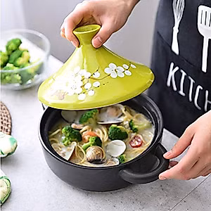 Tagine Pot with Handle, 20cm, Ceramic Pot, Casserole lid, Claypot Rice, High Temperature Resistance, Hand-Made Hand-Painted Taji Pot Slow Cooker Clay/Green