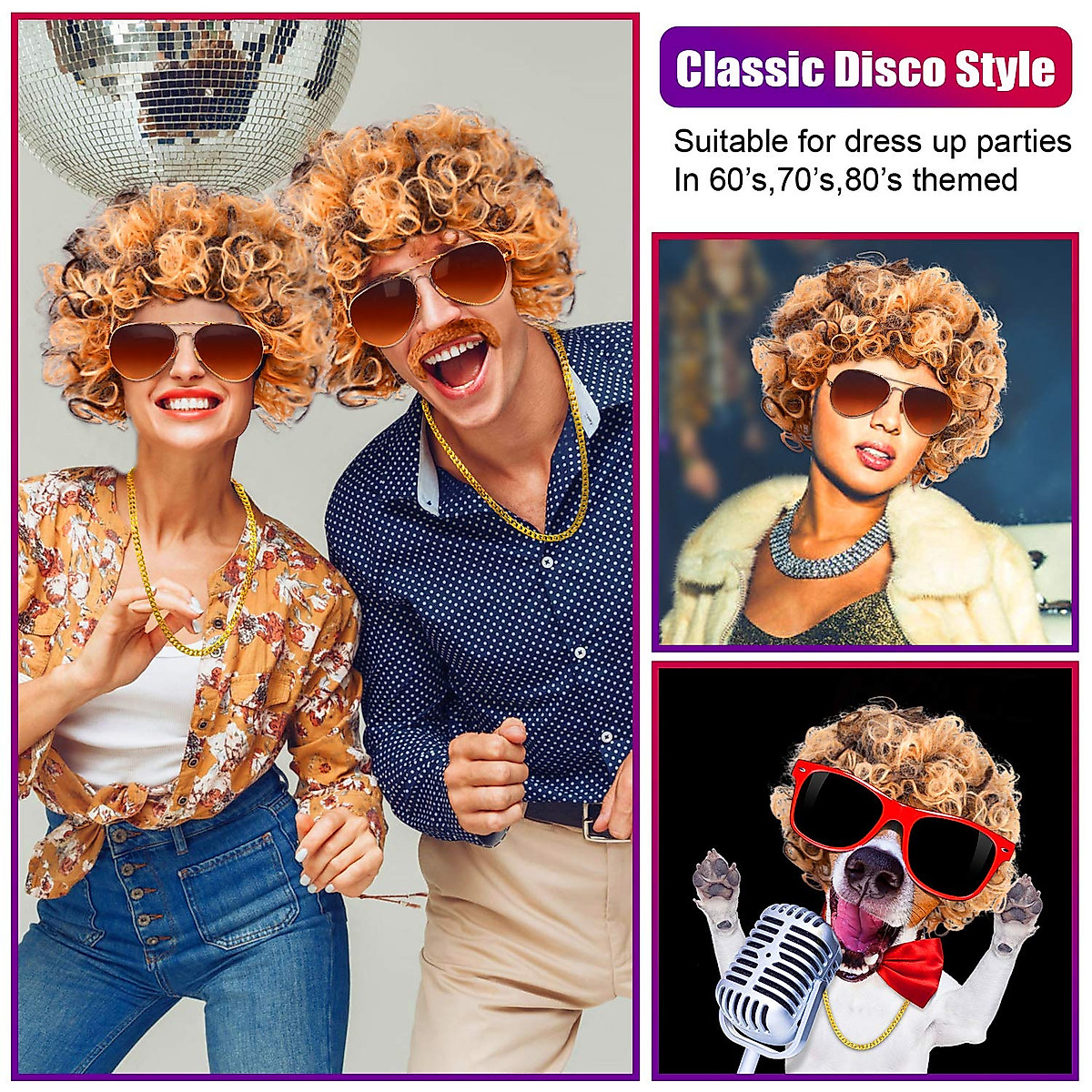 Frienda 4 Pcs 70s 80s Disco Wig Costume Set,Includes Disco Hippie Short Curly Wig,Disco Sunglasses,Moustache and Faux Gold Chain Necklace Afro Brown Wig for Disco Men Women Party