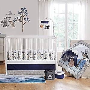 Levtex Baby - Rowan Crib Bed Set - Baby Nursery Set - Navy Grey White Blue Taupe - Bears and Mountains - 5 Piece Set Includes Quilt, Two Fitted Sheets, Wall Decal & Skirt/Dust Ruffle