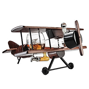 Whiskey & Wine Decanter Airplane Set and Glasses Antique Wood Airplane - The Wine Savant Whiskey Gift Set and 2 Airplane Glasses, Pilot Gift Moving Parts- Alcohol Related Gift, BAR DECOR Large 21"
