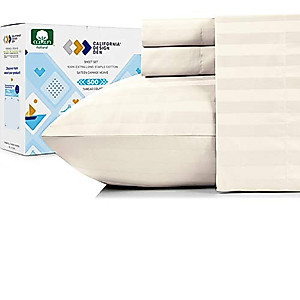 California Design Den 500 Thread Count Ivory King Size 6 Piece Sheet Set, Dobby Damask Stripe Sheets, Smooth Sateen Weave Sheet Set (1 Top Sheet, 1 Bottom Fitted Sheet & 4 Pillowcases)
