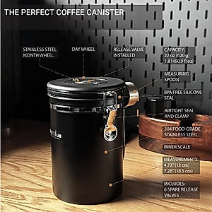 NoctiXus Stainless Steel Coffee Canister/Container for Airtight Food Storage with Date Tracker. Scoop and Release Valves Included. 22 Oz. Black
