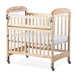 Foundations Serenity SafeReach Crib with Adjustable Mattress Board, Compact Baby Crib with Commercial Grade Casters, Clear End Panels for Child Visibility, Includes 3” Foam Mattress (Natural)