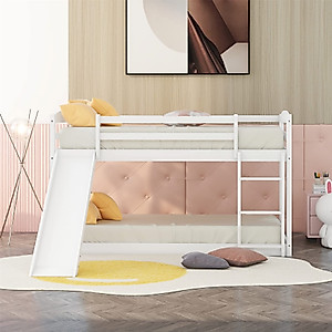 Low Bunk Beds Twin Over Twin Bunk Bed with Slide Wood Bed Frame for 2 Kids Toddlers Boys Girls Teens, White