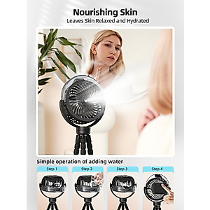Misting Stroller Fan, 6000mAh Battery Operated Portable Fan with Light & 360° Pivoting, Personal Fan with Flexible Tripod for Baby, Office, Travel,Treadmill,Outdoors