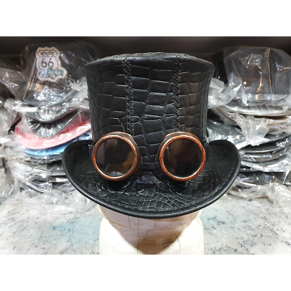 Steampunk MadHatter Leather Top Hat (X-Large, Steampunk Googles)