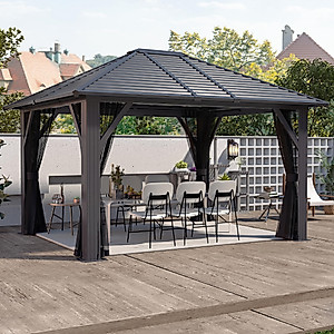 GARTOO 10' x 12' Patio Hardtop Gazebo - Outdoor Metal Hard Top with Breathable Mesh, Galvanized Steel Top Gazebo for Garden, Lawn, Outdoor Party (Black)
