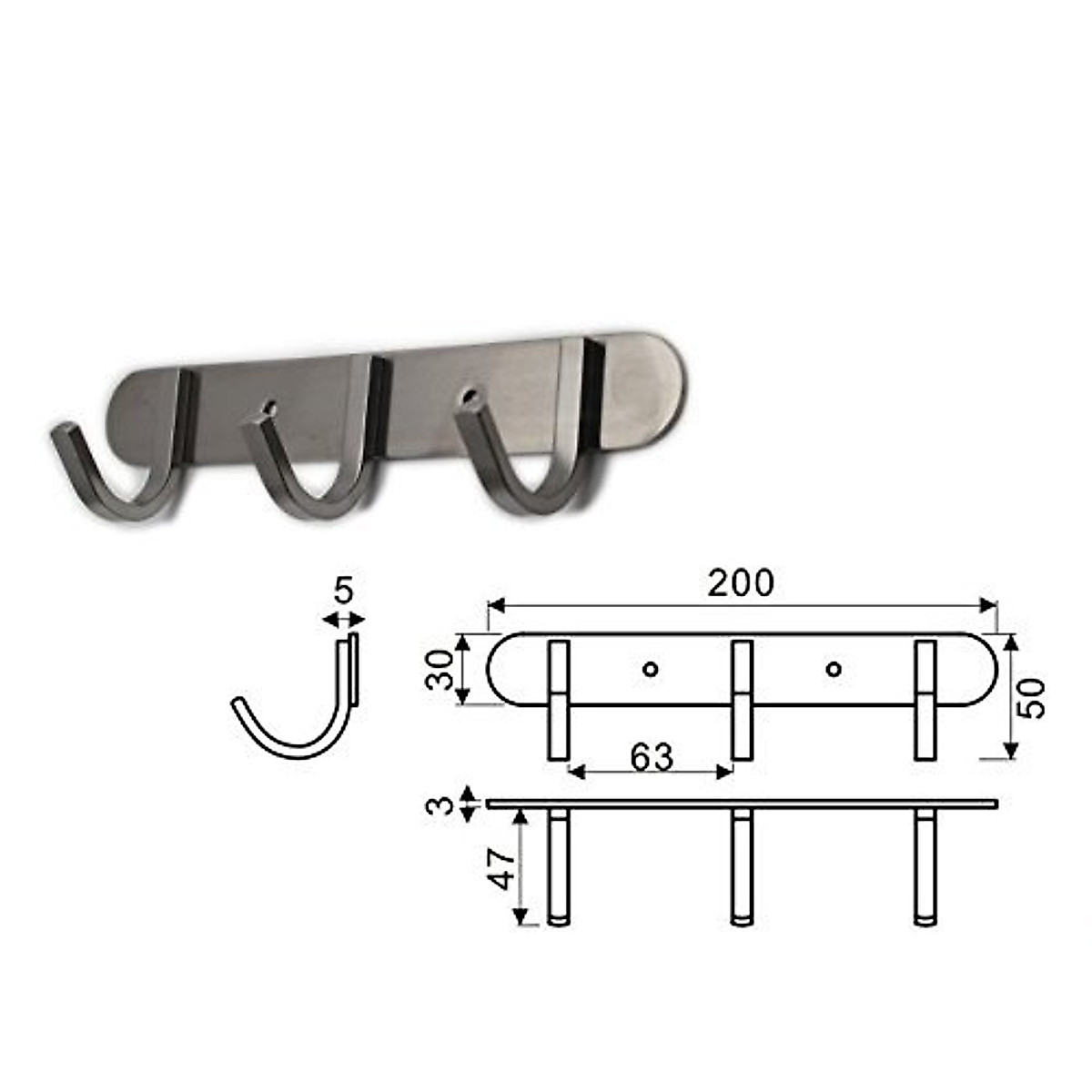 Coat Hook Rack with 3 Square Hooks - Premium Modern Wall Mounted - Ultra durable with solid steel construction, Brushed stainless steel finish, Super easy installation, Rust and water proof