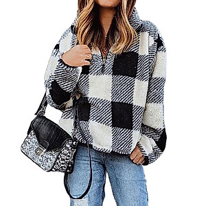 BTFBM Women Sherpa Pullover Quarter Zip Long Sleeve Fluffy Soft Fleece Jackets Sweaters Sweatshirts Hoodies Outwear Coat (Plaid Black, Medium)