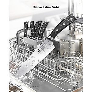 Knife Set, 15 PCS Kitchen Knife Block Sets with Sharpener, 6 Steak Knife Set Serrated with Block, Forged German Stainless Steel Rust Proof Knives, Dishwasher Safe Black, New Beveled Design