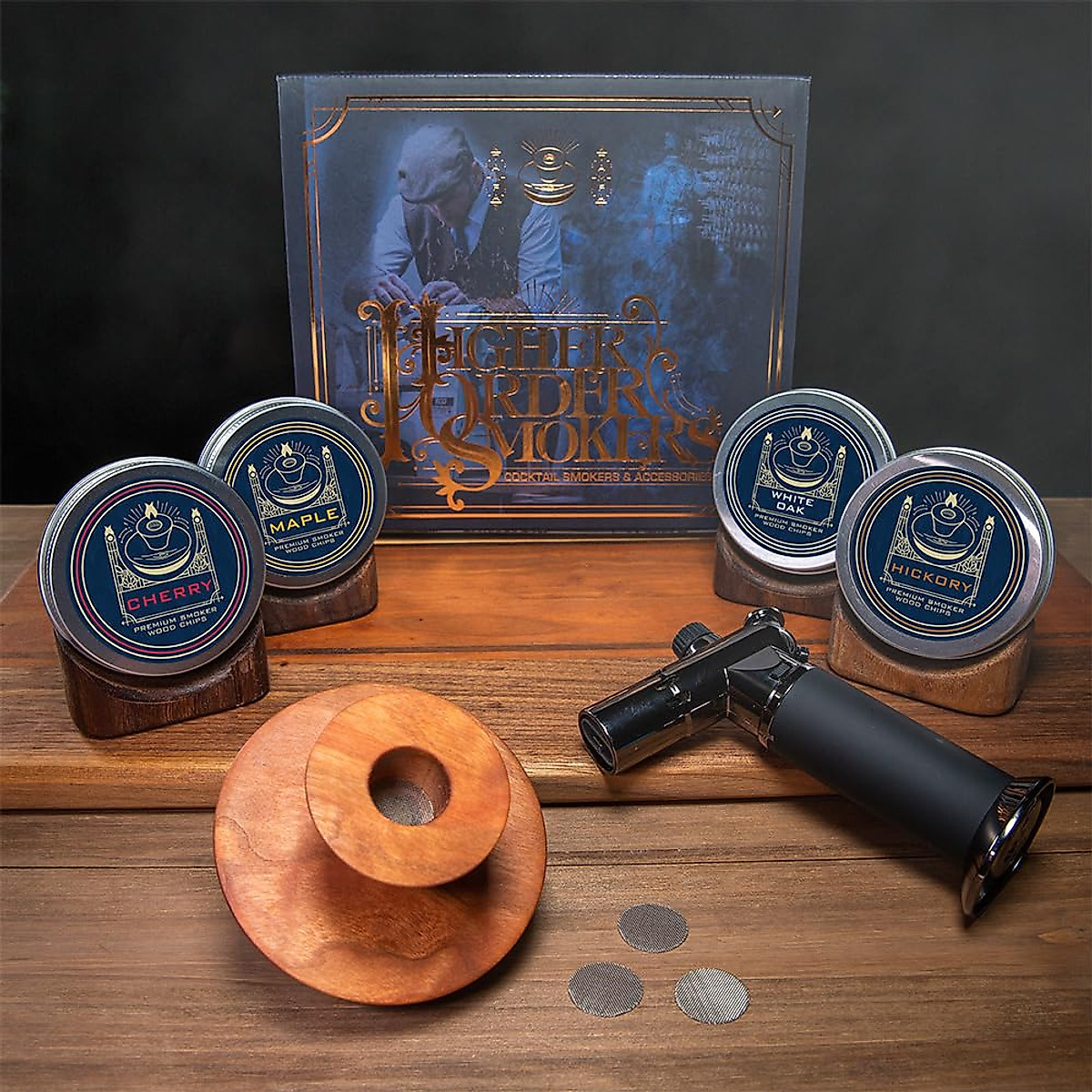 Higher Order Cocktail Smoker Kit -USA Handcrafted |Smoker, Turbo Torch, Woodchip Blend| Old Fashioned Chimney Drink Smoker for Cocktails, Whiskey Smoker Kit Bourbon Smoker Kit Smoke Infuser (Cherry)