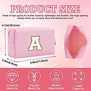 Personalized Initial Letter Patch Makeup Bag, Preppy Portable Chenille Letter Cosmetic Bag with Zipper, PU Leather Waterproof Travel Toiletry Bag Monogram Make Up Pouch for Women Girls(Letter A)