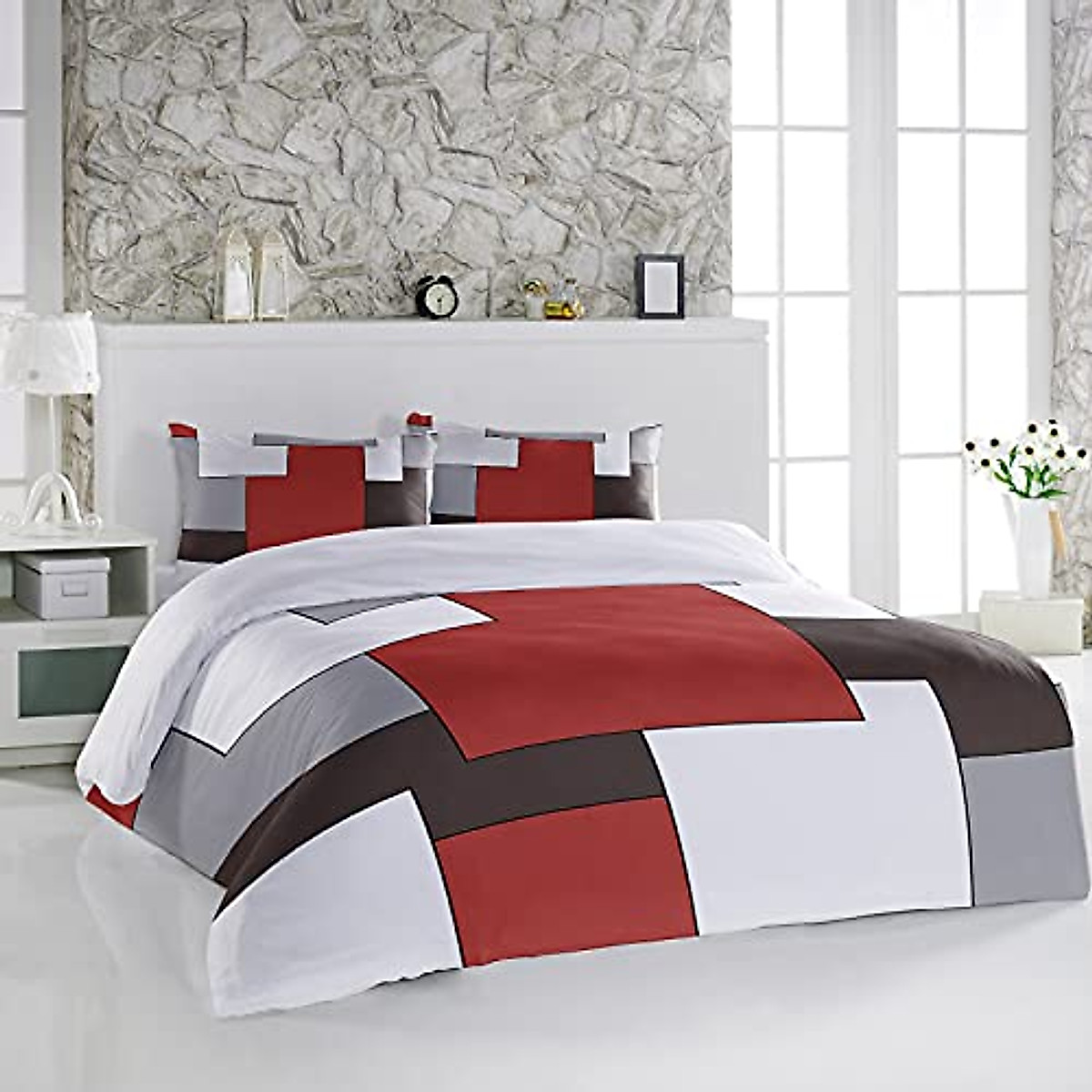 3 Pieces Duvet Cover Bedding Set Twin Mid Century Geometric Abstract Art Breathable Ultra Soft Comforter Cover with Zipper and Pillowcases Luxury Quilt Covers Modern Classic Red Gray Square