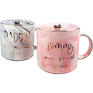 VILIGHT Gifts for New Mom and Dad First Time Parents est 2022- Mommy and Daddy Est 2022 Mugs Set - Marble Ceramic Cup 11.5 Oz