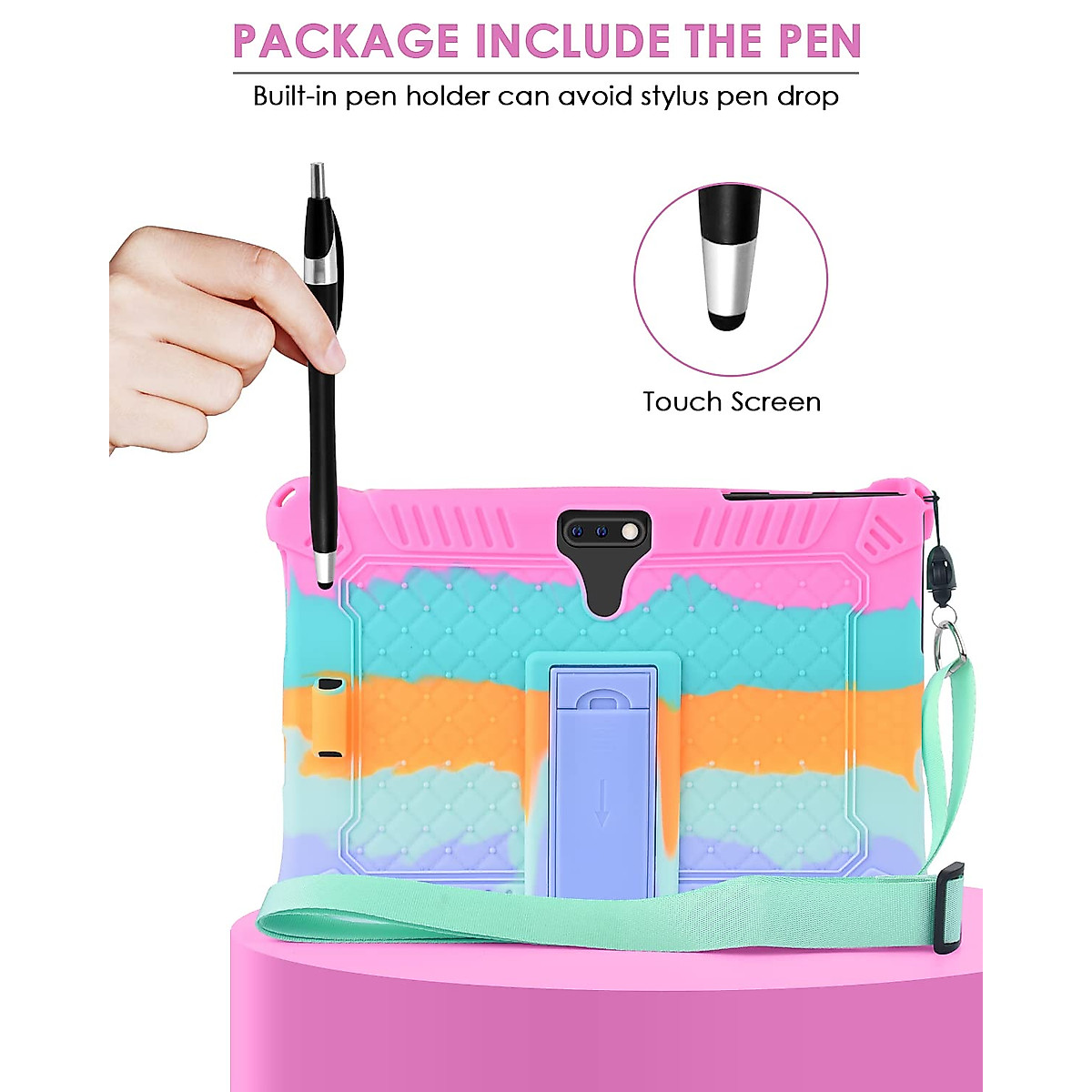 DETUOSI 10.1 inch Tablet Case Compatible with ZZB ‎YQ10S 10.1, ANTEMPER Touch 10.1, Gowin Touch 10.1, WECOOL WM1001R 10 inch, Soft Silicone Lightweight Case with Stylus Pen & Strap, Dazzling Pink