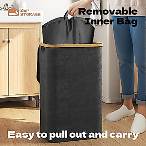 Laundry Hamper with Lid, 90L (23Gal) Large Large Clothes Hamper with removable bag and Bamboo Handles, Tall Hamper with Lid for Bedroom and Bathroom, Black