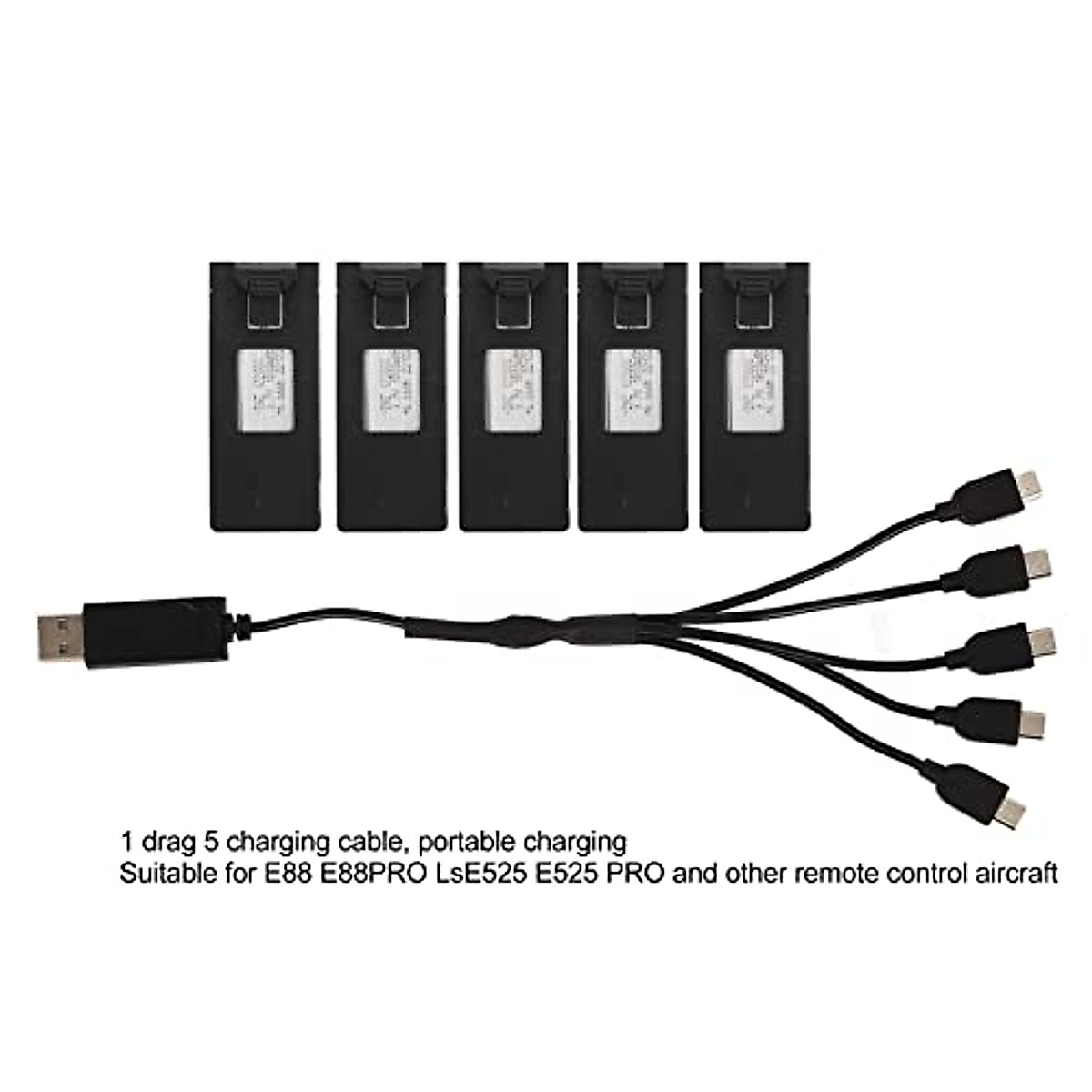 5pcs RC Drone Battery and Charging Cable Set, 3.7V 3000mAh Lithium Battery for E88 E88PRO LsE525 E525 PRO Quadcopter Drone, Replacement Battery Accessories