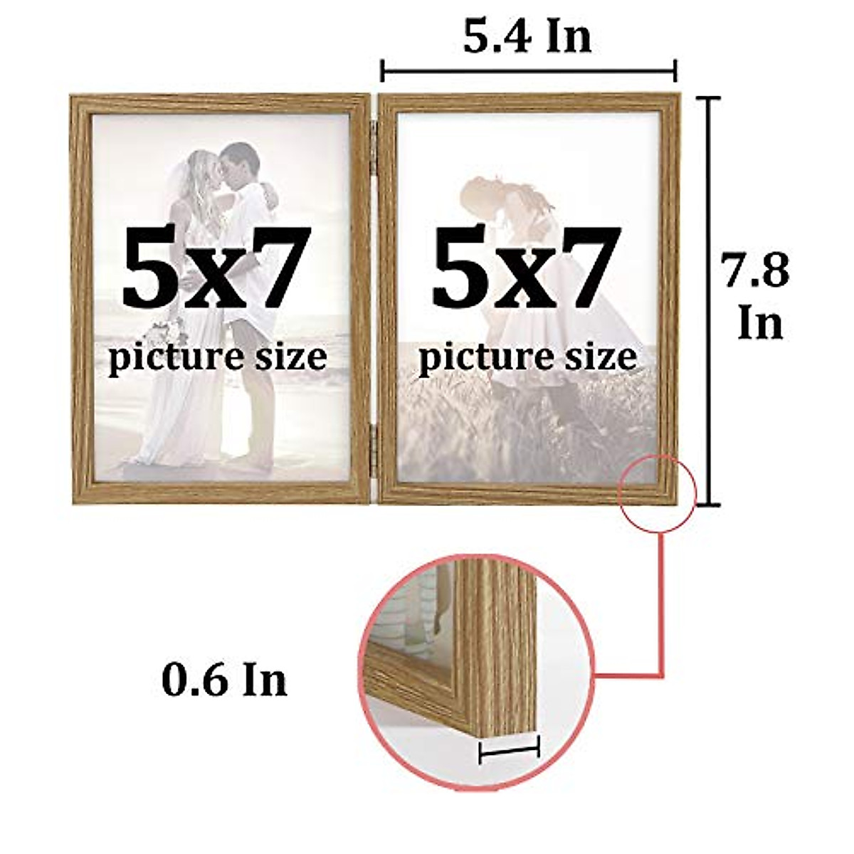 AEVETE 5x7 Double Picture Frames Vertical Hinged Wood Folding Photo Frames with Real Glass Front