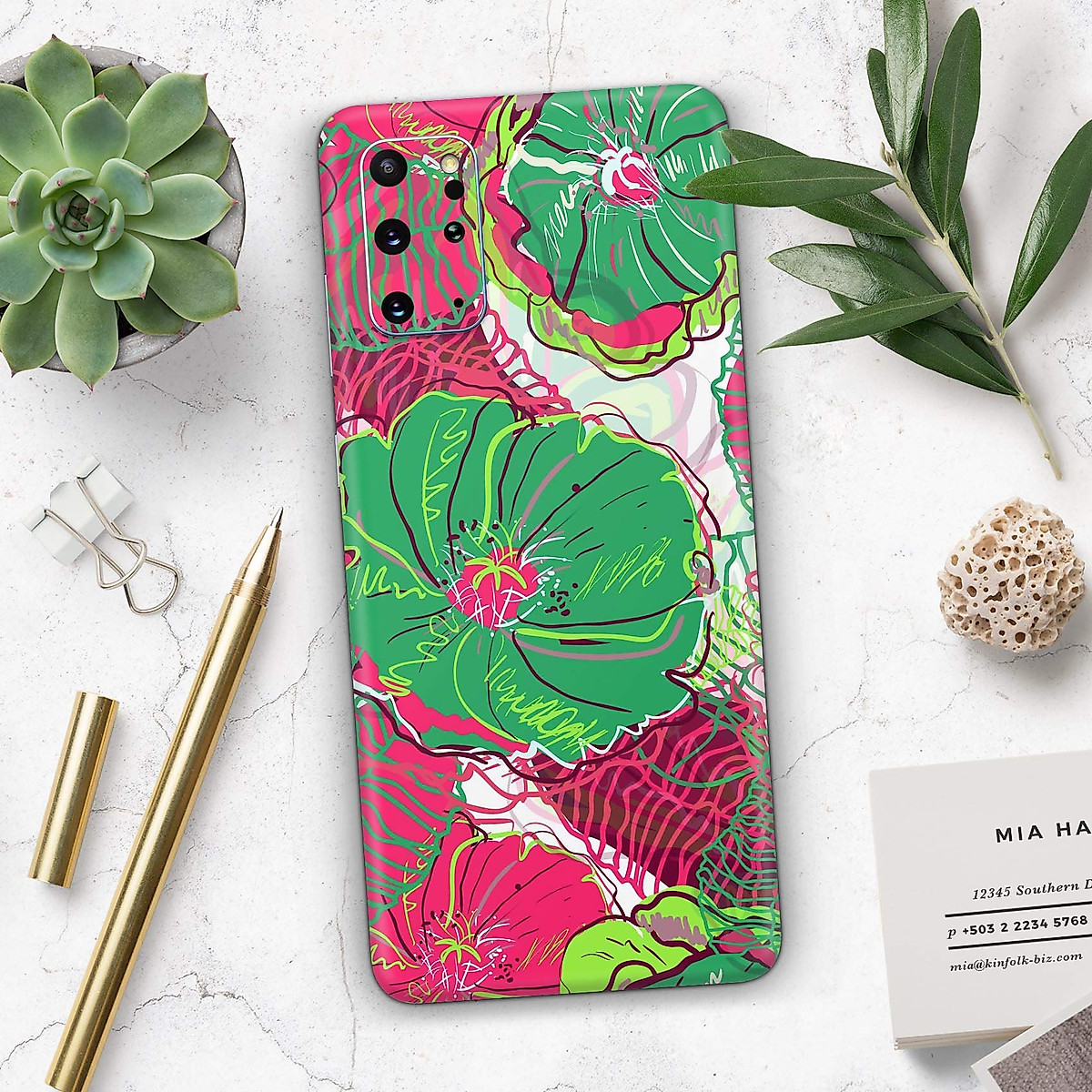 DesignSkinz Bright Pink and Green Flowers Protective Vinyl Decal Wrap Skin Cover Compatible with The Samsung Galaxy S20 (Screen Trim & Back Glass Skin)