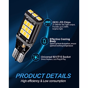 Yorkim 921 LED Bulb 6000K White 921 led reverse lights Bright 21-SMD 2835 Chips Error Free T15 led Backup Light Bulbs 906 904 902 W16W 912 led lights for car, Pack of 2