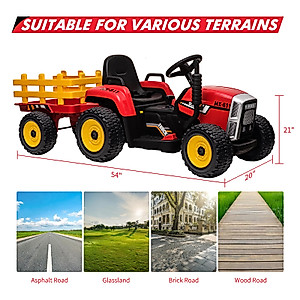 Nasitip 12V Kids Battery Powered Electric Tractor with Trailer, Toddler Ride On Car w/Remote Control, 7-LED Headlights, 2+1 Gear Shift, MP3 Player USB Port for Kids 3-6 Years (Red, 35W/ EVA Tire)