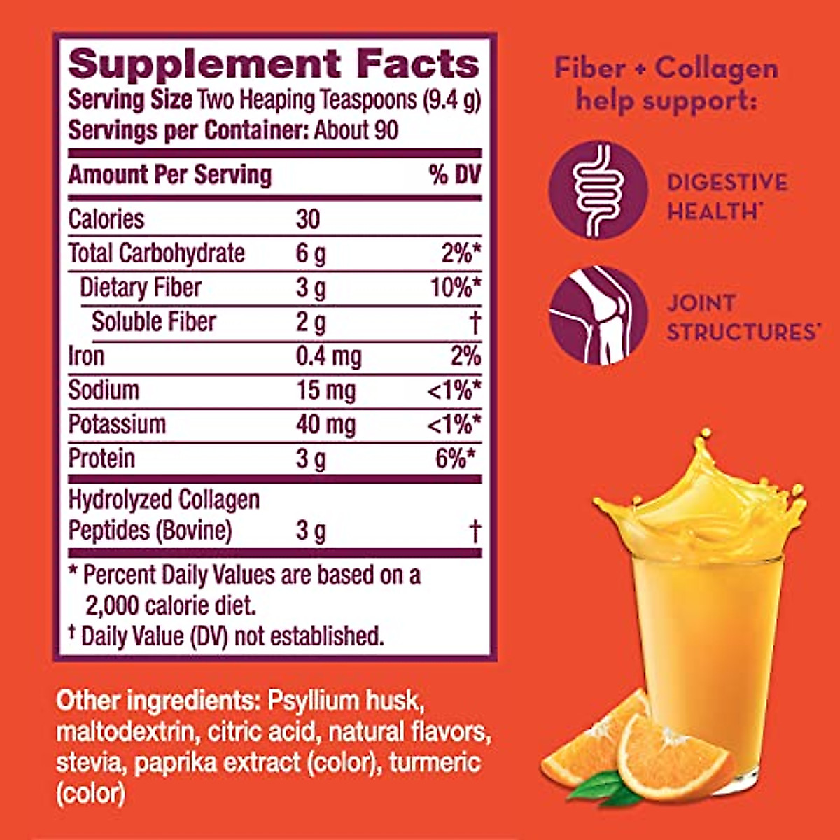 Metamucil Daily Fiber + Collagen, Psyllium Husk Powder, Plant Based, Sugar-Free with Stevia, 3-in-1 Fiber for Digestive Health, Orange Flavored, 90 Doses (29.8 OZ Fiber Powder)