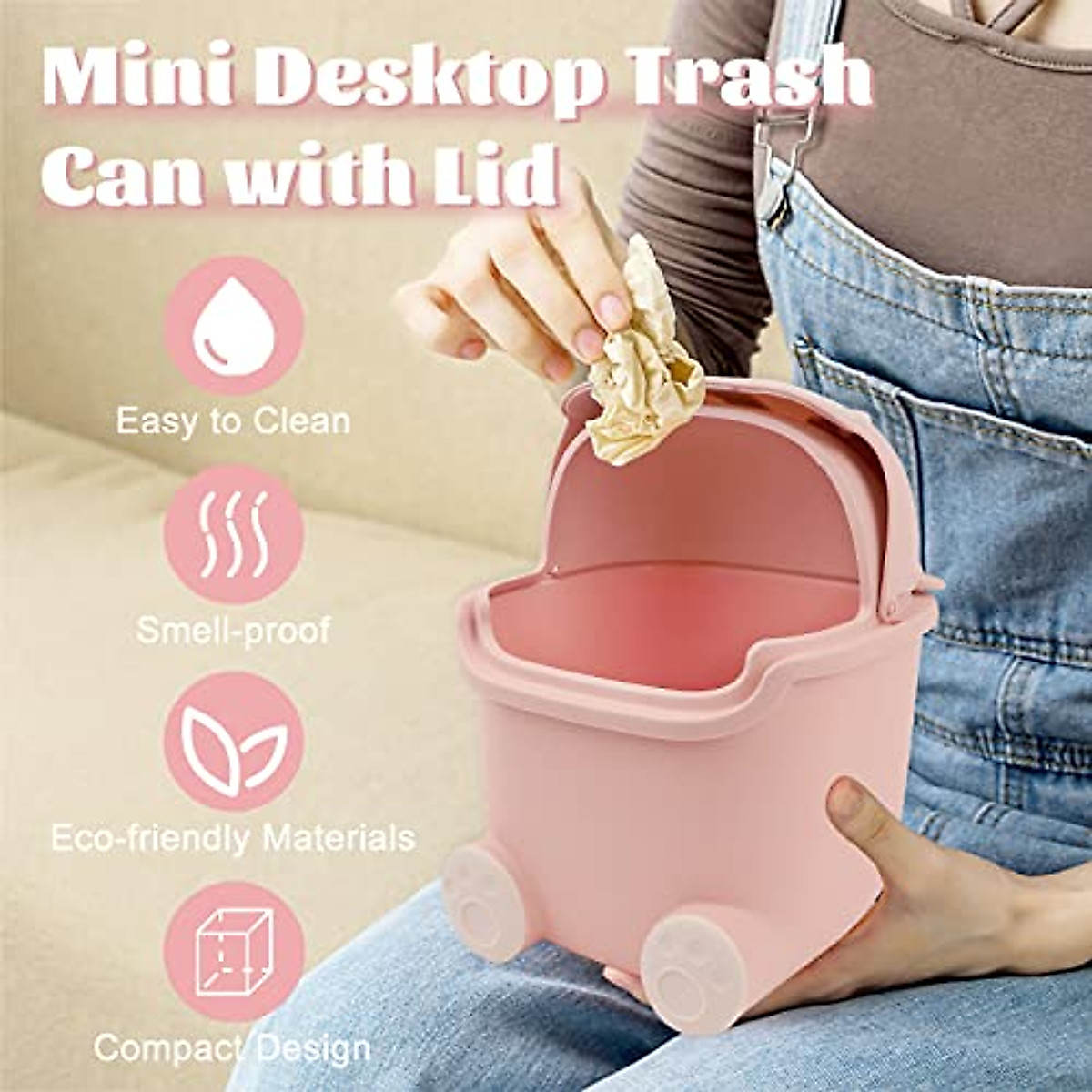 QLFJ-FurDec Cute Desktop Trash Can Wastebasket with 90 Trash Bags, Creative Tiny Countertop Garbage Can with Flip Lid, Small Plastic Storage Bin for Bedroom Bathroom Living Room Dressing Table(Pink)