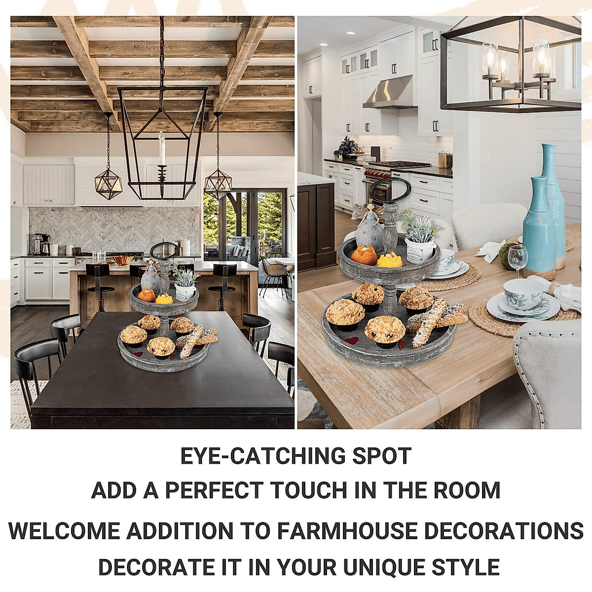 Farmhouse Wooden Two Tier Serving Tray - Wood Two Tiered Tray, 2 Tier Decorative Tray Stand for Cake/Cupcake/Dessert, Rustic Decorative Tiered Tray for All Season for Kitchen/Dining Room/Countertop