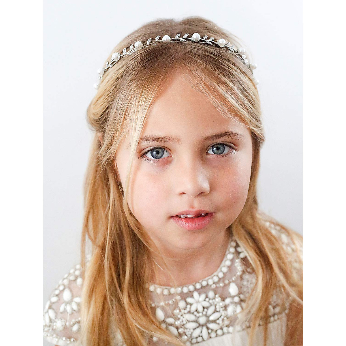 SWEETV Flower Girl Headpiece Silver Pearl Girls Headband for Wedding Princess Hair Accessories for Birthday Party, First Communion