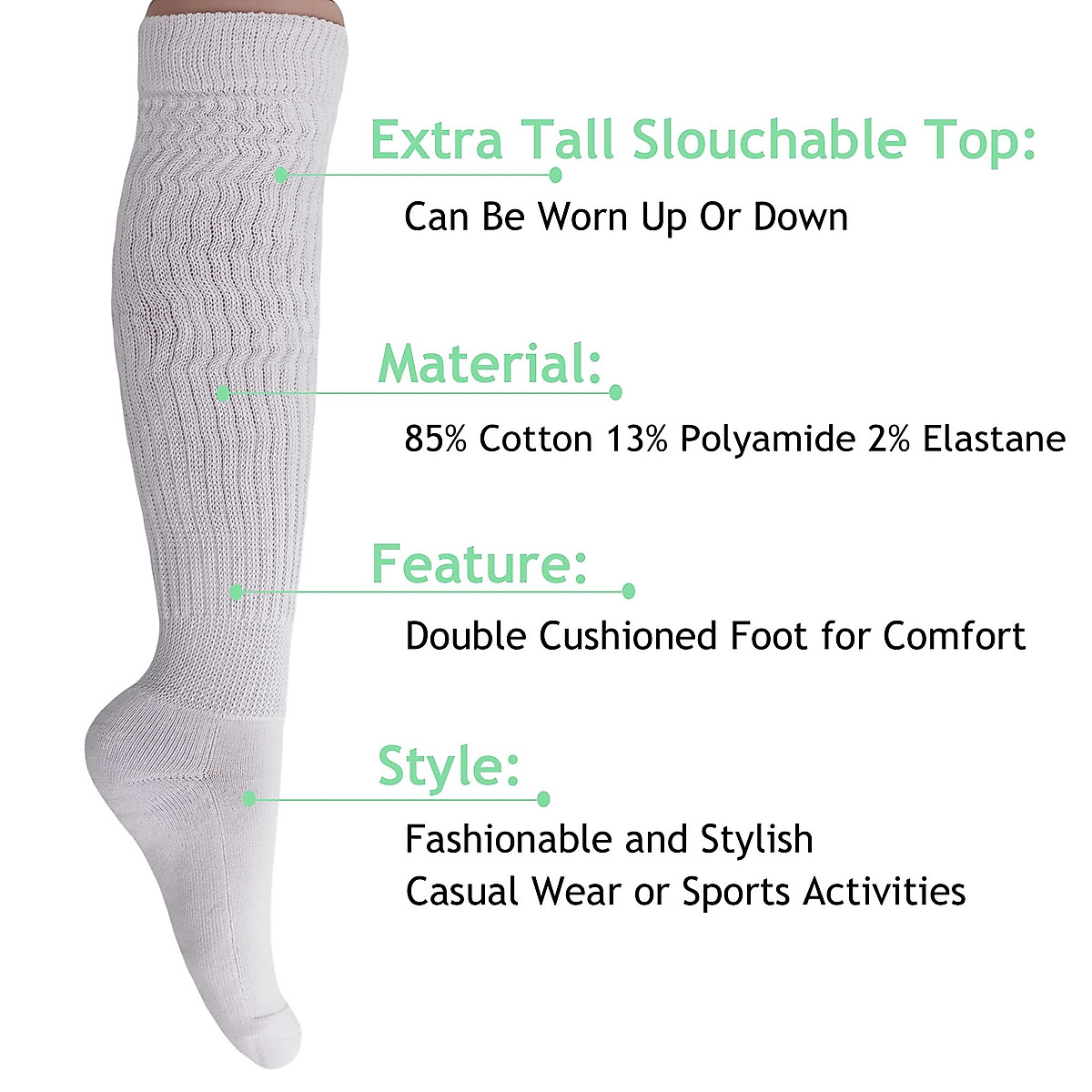 AWS/American Made Slouch Socks Cotton Scrunch Knee High Extra Long and Heavy Socks (White, 2)