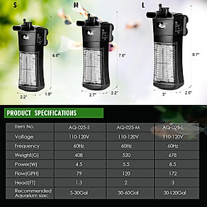 AQQA Aquarium Internal Filter Submersible Power Filter in-Tank with Adjustable Water Flow, Ultra Silent Sponge Filter for Fish Tank Water Crystal Clear