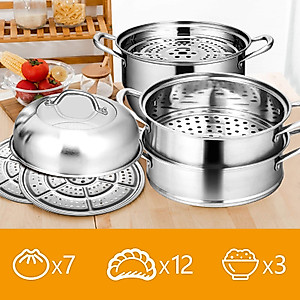 PETSITE 3-Tier Stainless Steel Steamer Pot, 11" Multi-Layer Cooking Pot, Steam Pot with Handles & Tempered Glass Lid, Steamer for Cooking