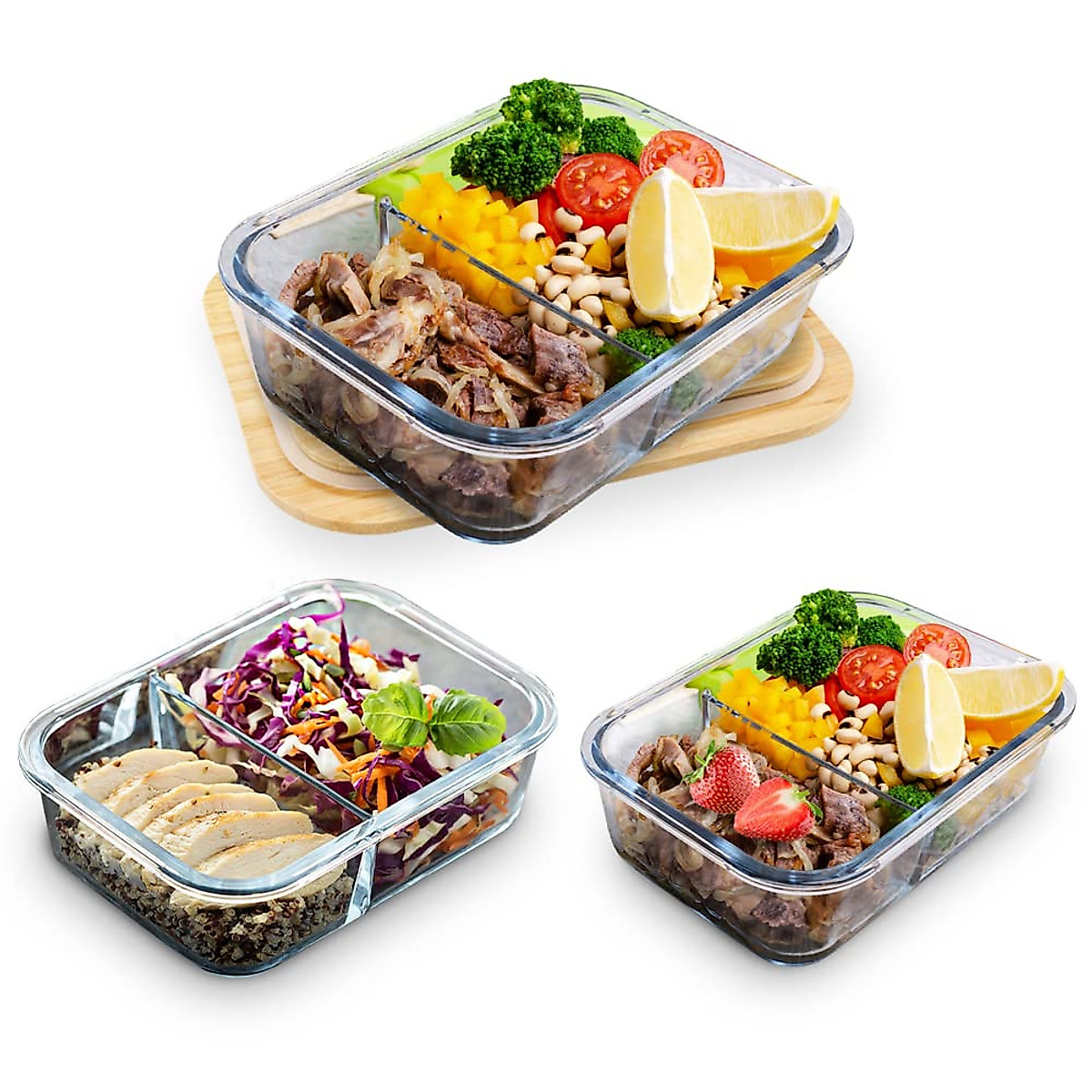Reusable Glass Meal Prep Container Set, Glass Food Containers With Lids, Lunch Storage With Compartment Dividers, Large Glass Bento Box Set For Meal Planning, Freezer And Oven Safe, [3-Pack,30 Oz]
