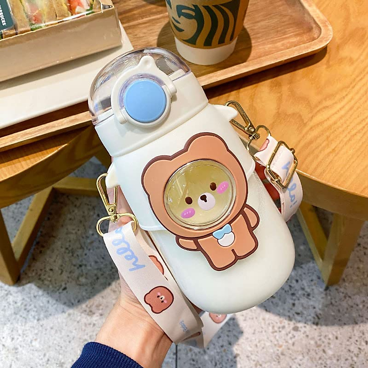 excvalues Kawaii Water Bottle with Straw and Strap, Cute Water Bottles with 3D Stickers, Large Capacity Leak-Proof Bottles for Girls School (White)