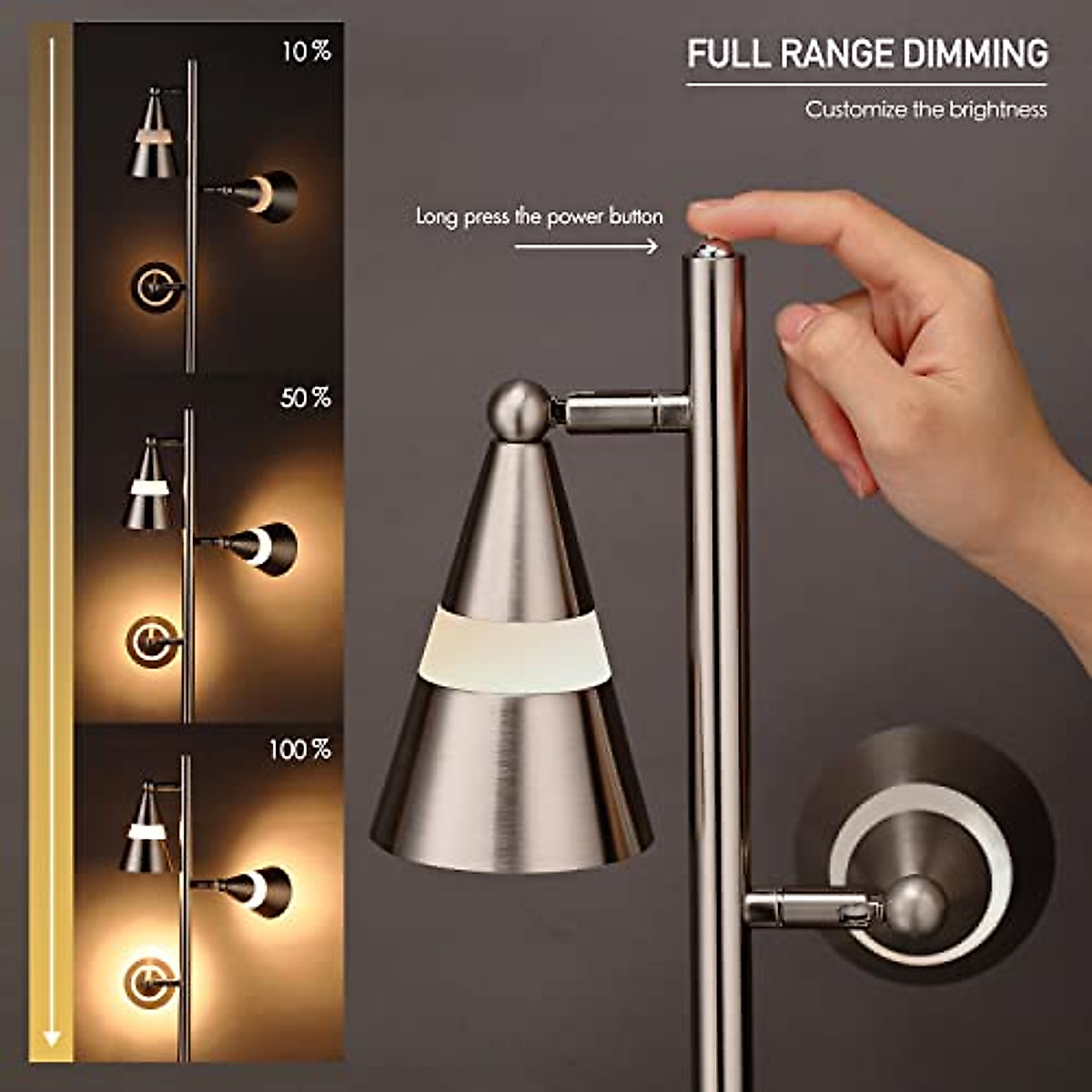 O’Bright Ash - 3-Light LED Tree Floor Lamp, Dimmable 3-Head LED, Multidirectional Standing lamp, Adjustable Multi-Shade, Swivel Cone Floor Lamp for Living Room, Bedroom, Brushed Nickel